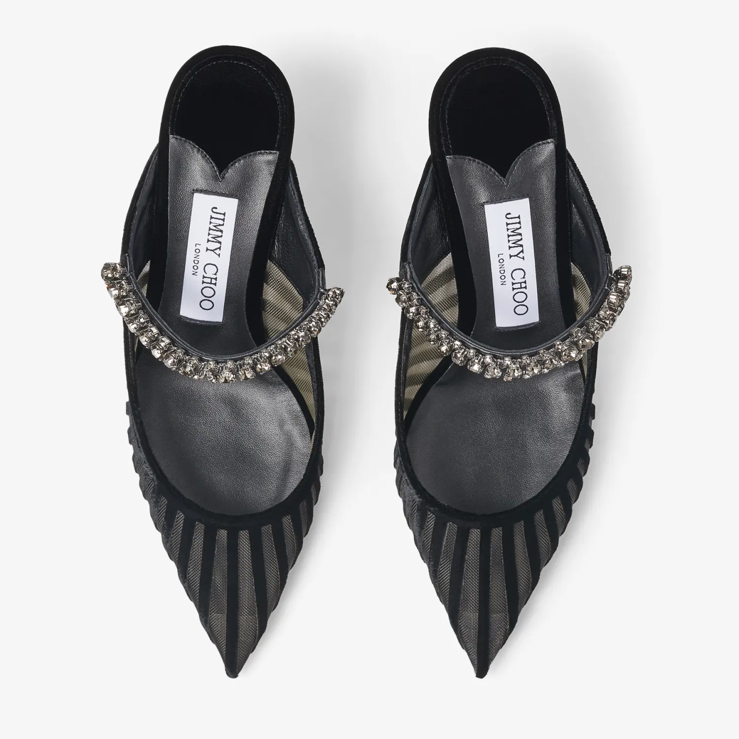 Bing 65 全水晶饰黑色植绒条纹网眼布穆勒鞋 新品系列 Jimmy Choo
