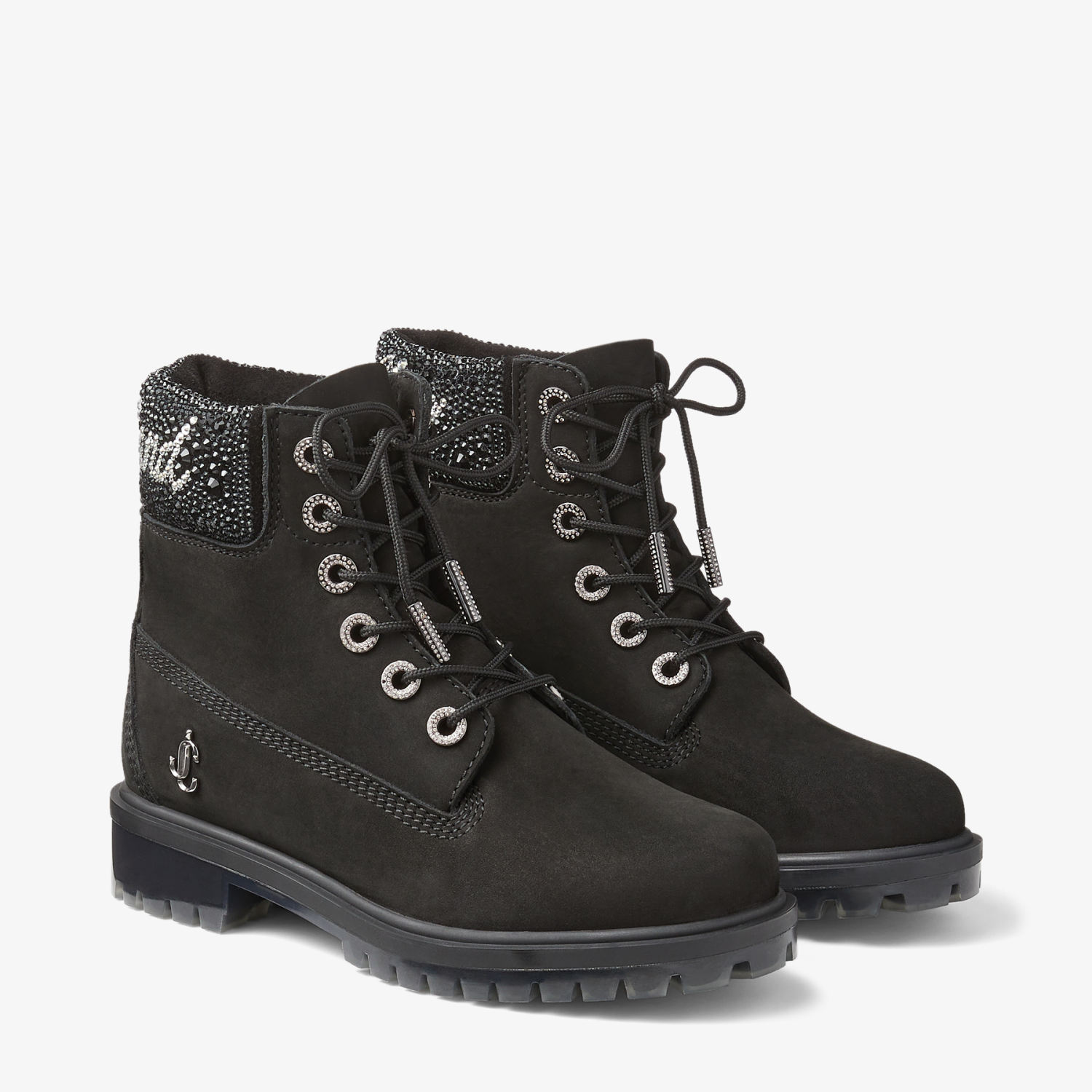 Jimmy Choo X Timberland踝靴 水晶 Logo 饰黑色正绒面革踝靴 Jimmy Choo