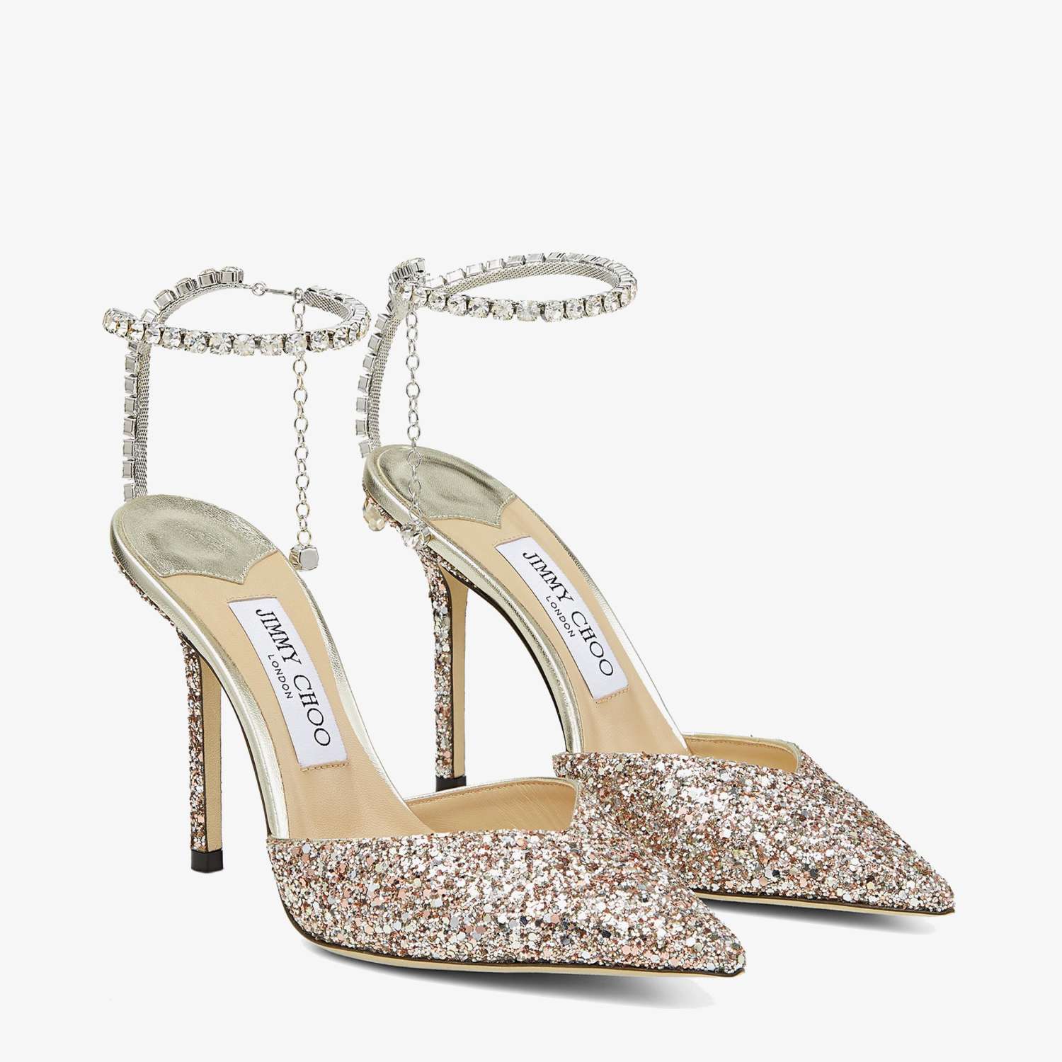 水晶饰玫瑰粉色粗粒闪粉面料高跟鞋 Saeda100 2021冬季系列 Jimmychoo