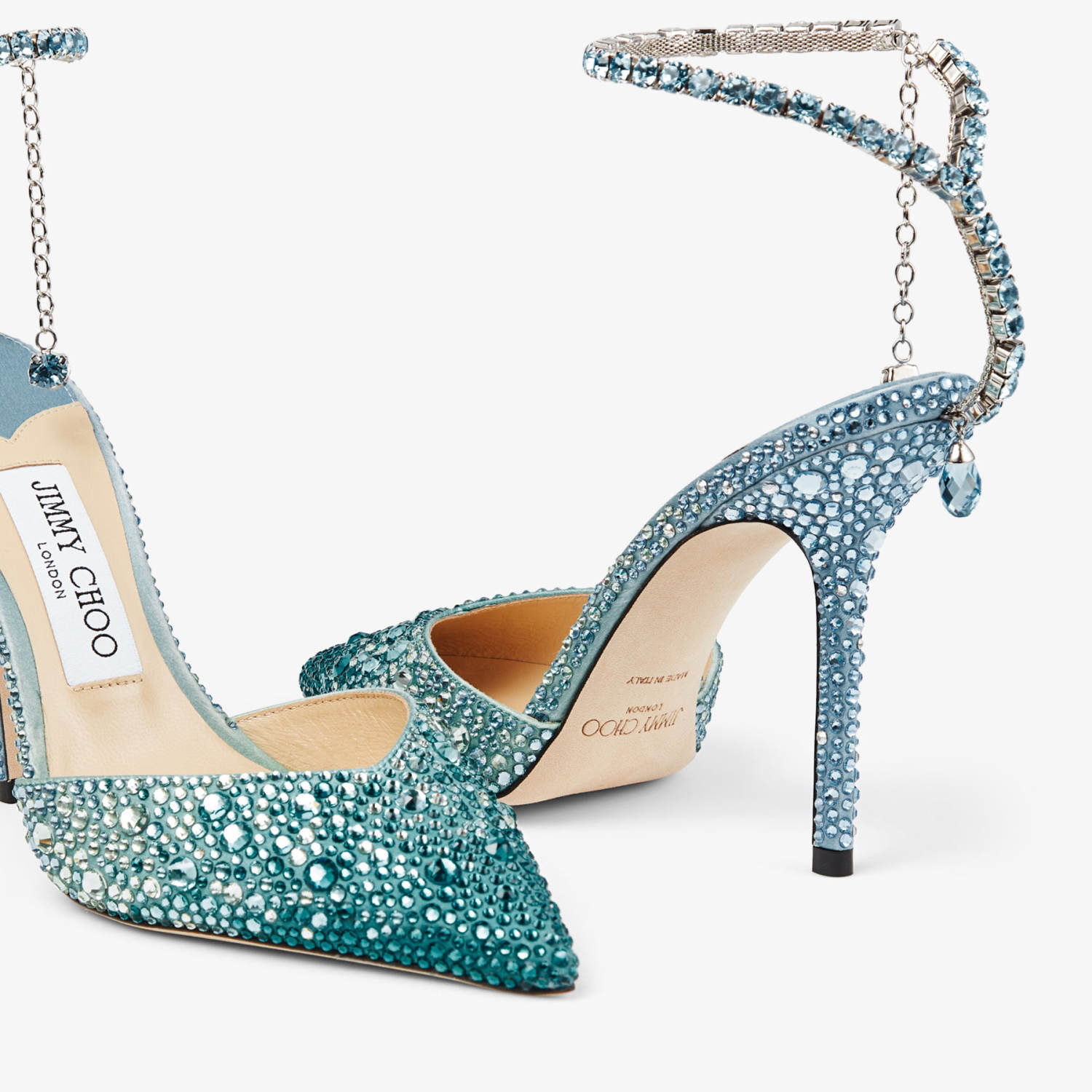 Saeda 100 水晶饰孔雀蓝色缎面高跟鞋 夏季系列 Jimmy Choo