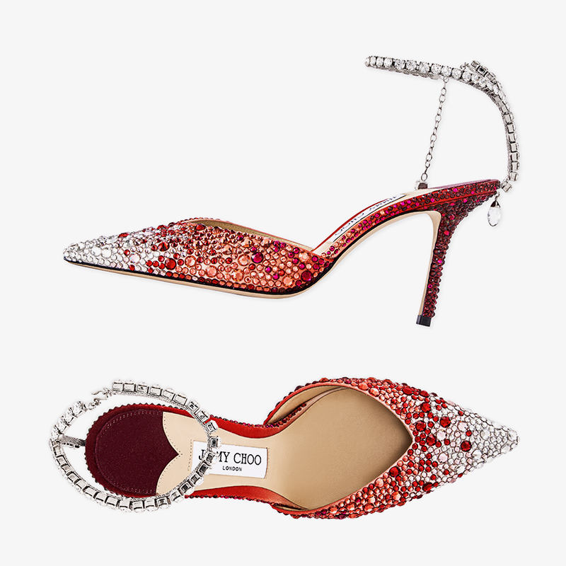 Saeda 85高跟鞋 渐变色水晶饰红色缎面高跟鞋 Jimmy Choo