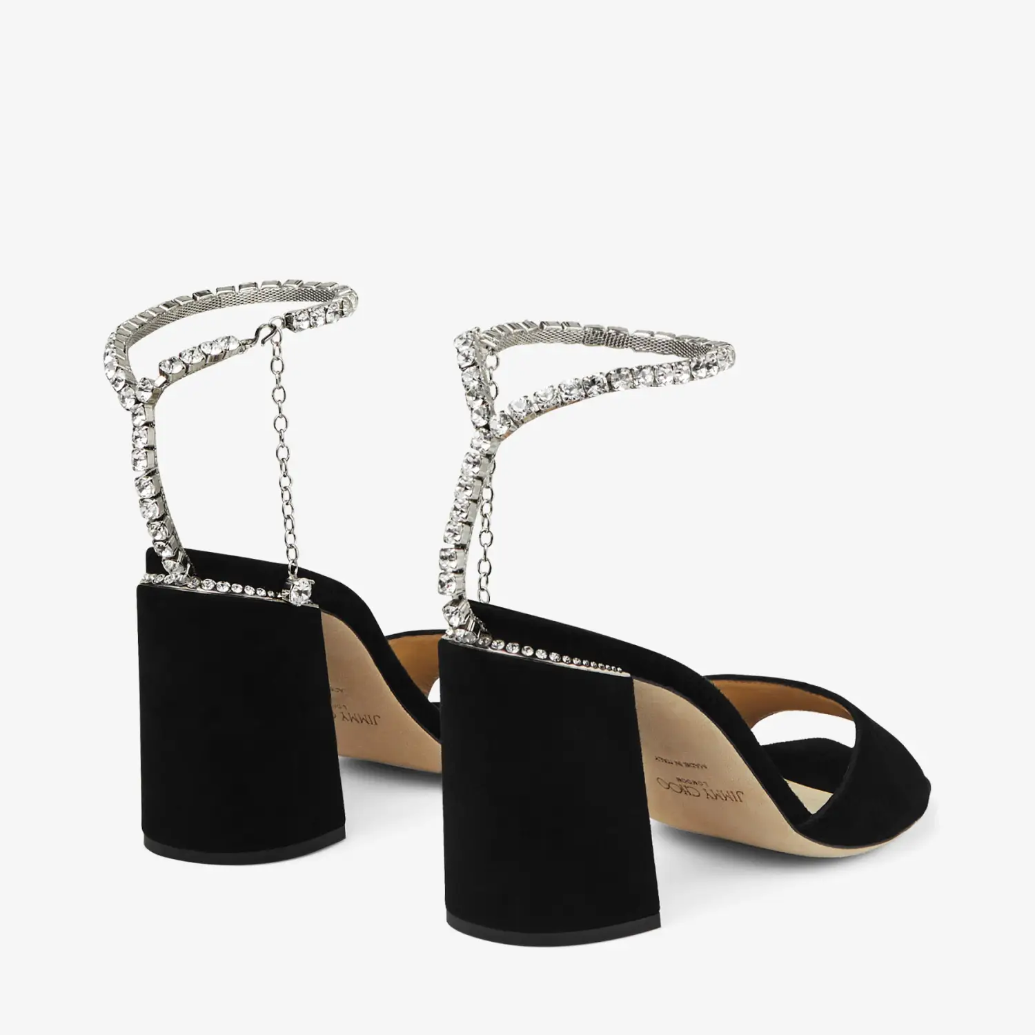 Saeda Sandal Block Heel 85 水晶链饰黑色绒面革凉鞋 新品系列 Jimmy Choo